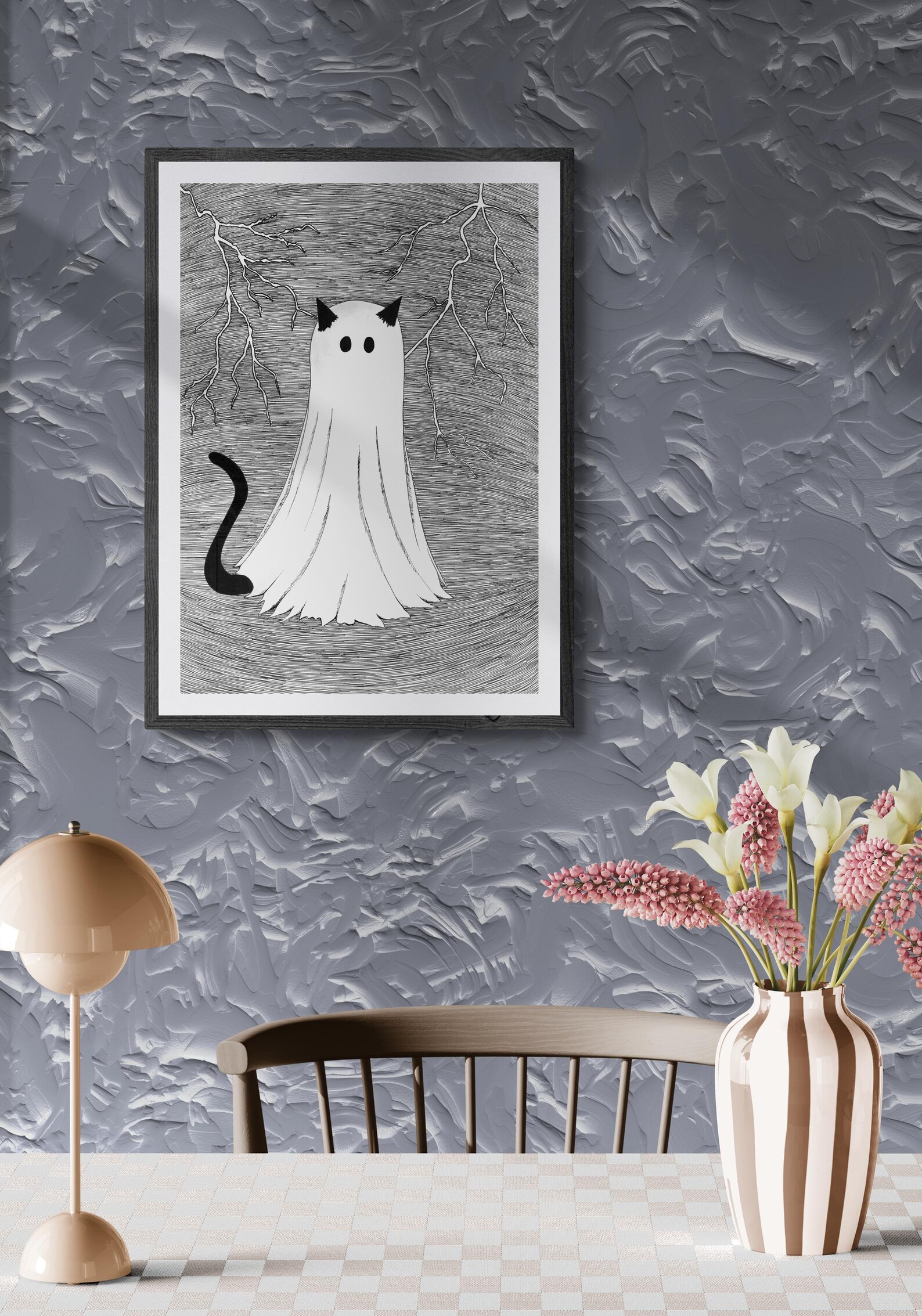 Halloween Night Printable Poster. Scary Cat-ghost and Lightning ...