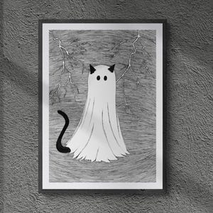 Halloween Night Printable Poster. Scary Cat-ghost and Lightning ...