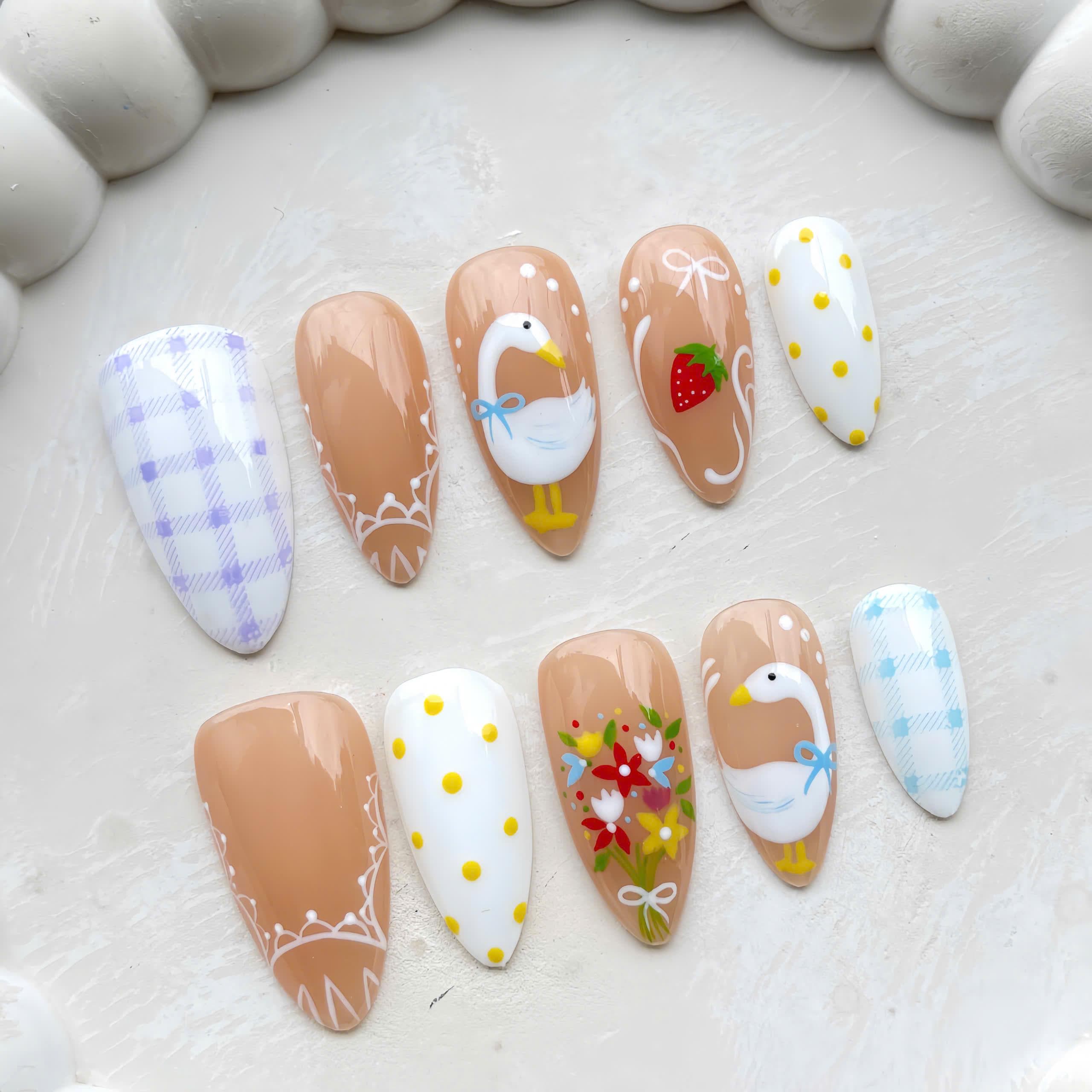 Silly Goose Press on Nails | Cute Duck Nail Art Set | Picnic Strawberry ...