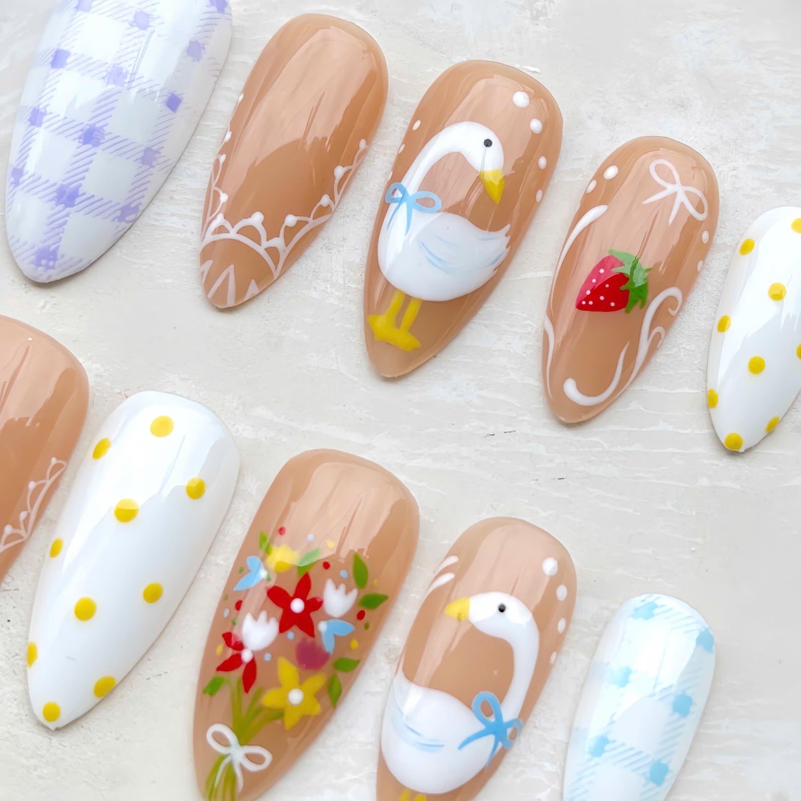 Silly Goose Press on Nails | Cute Duck Nail Art Set | Picnic Strawberry ...