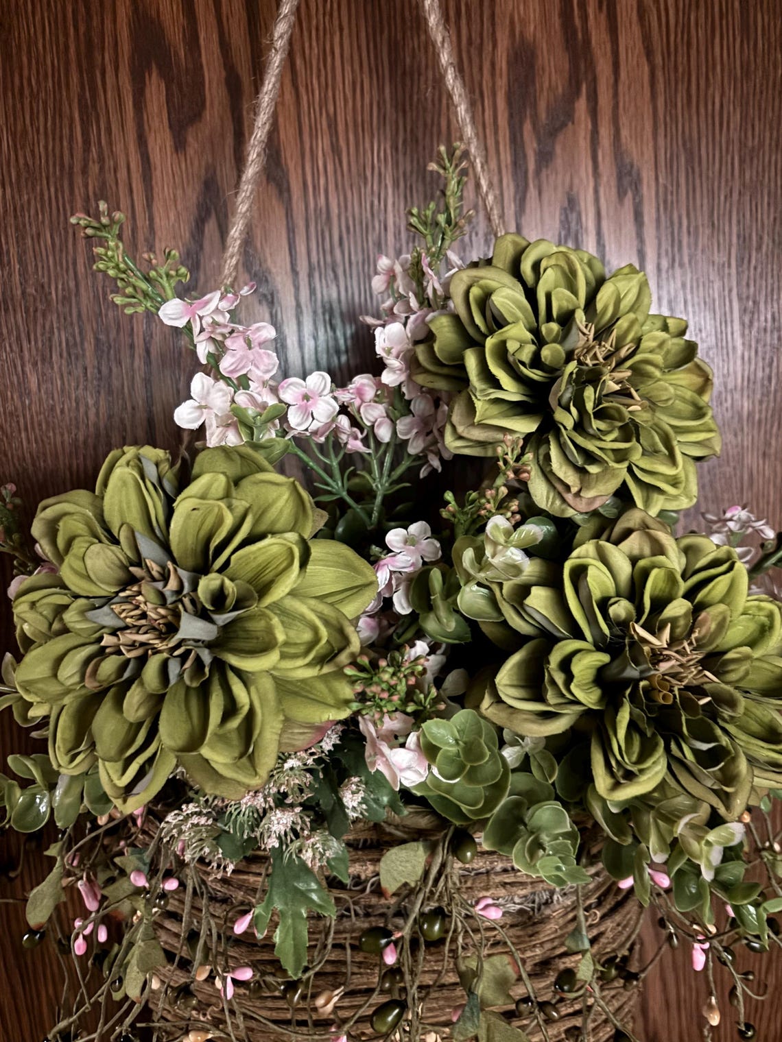 Grapevine Basket With Rope Handle and Moss Green & Pink Colors Design ...