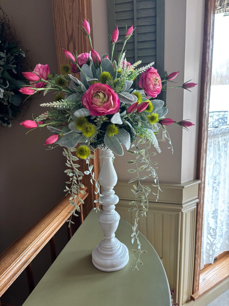 Floral Candlestick Arrangement With Pink and Moss Green Florals. - Etsy