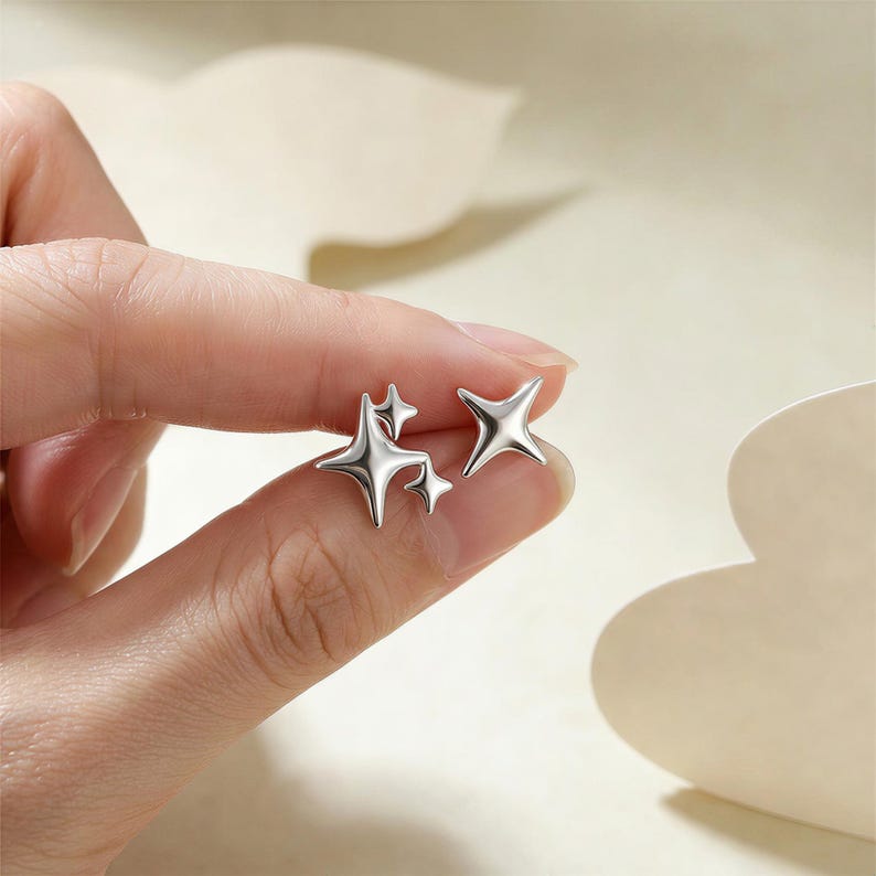 Star Stud Earrings Sterling Silver, Asymmetrical Celestial Studs, Tiny ...