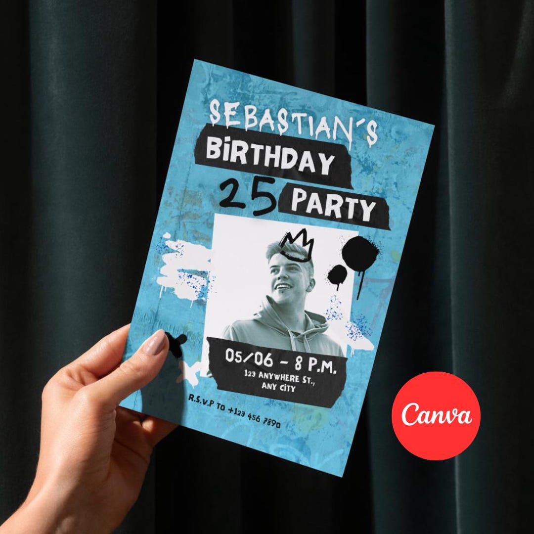 Blue Modern 25th Birthday Invitation, Digital Men's Surprise Invite ...