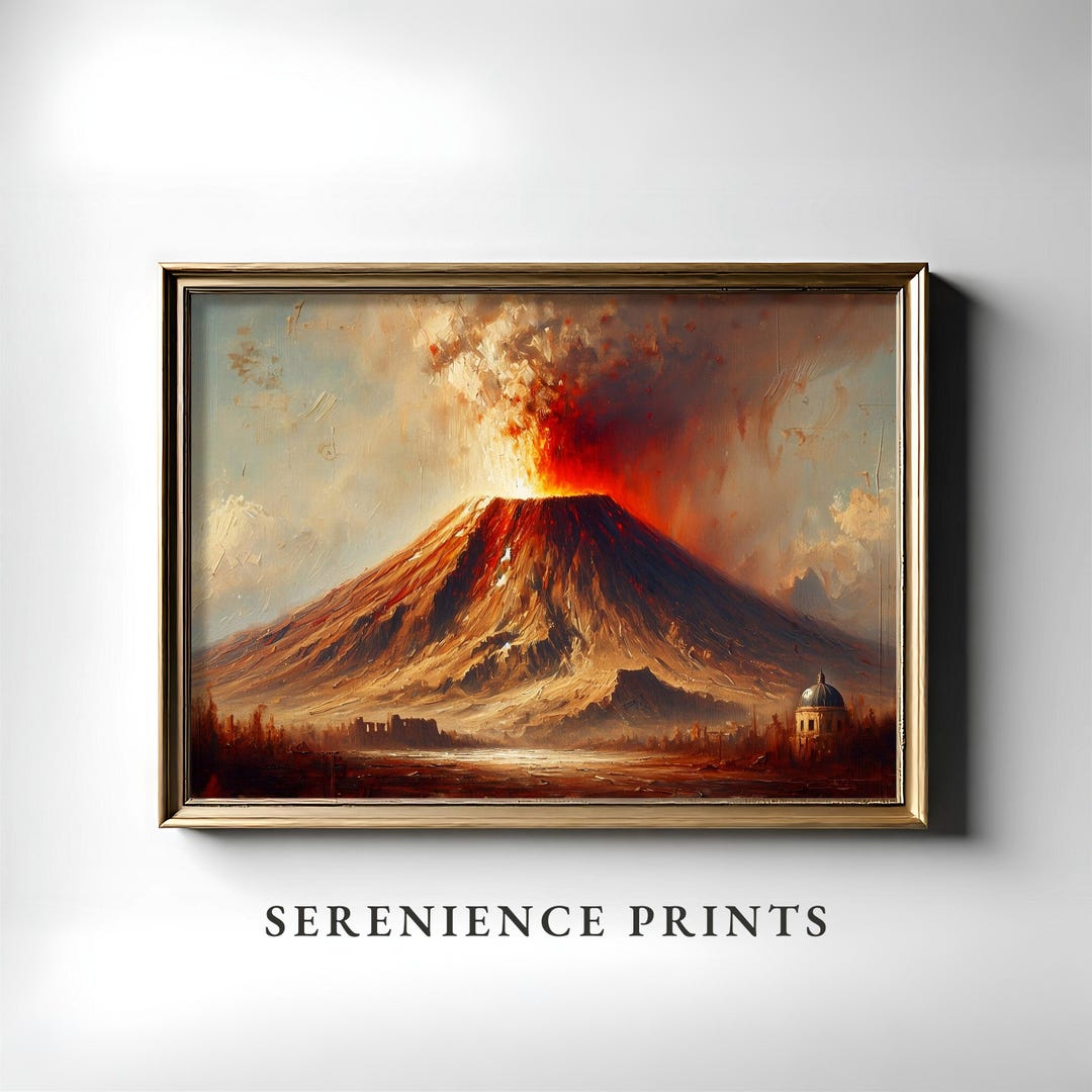 Erupting Volcano Painting, Volcano Eruption With Ancient Ruins Oil Painting, Vintage Romantic ...