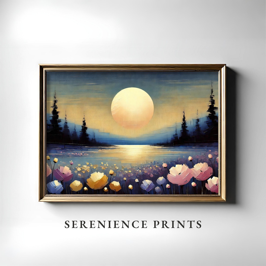 Full Moon Over Forest Lake & Poppy Flowers Landscape Painting, Luminous ...