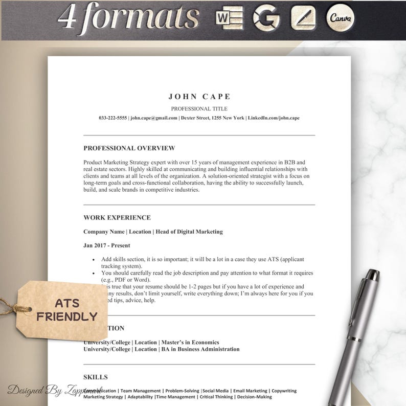 ATS Resume Template: Professional Design for Google Docs & Word - Etsy