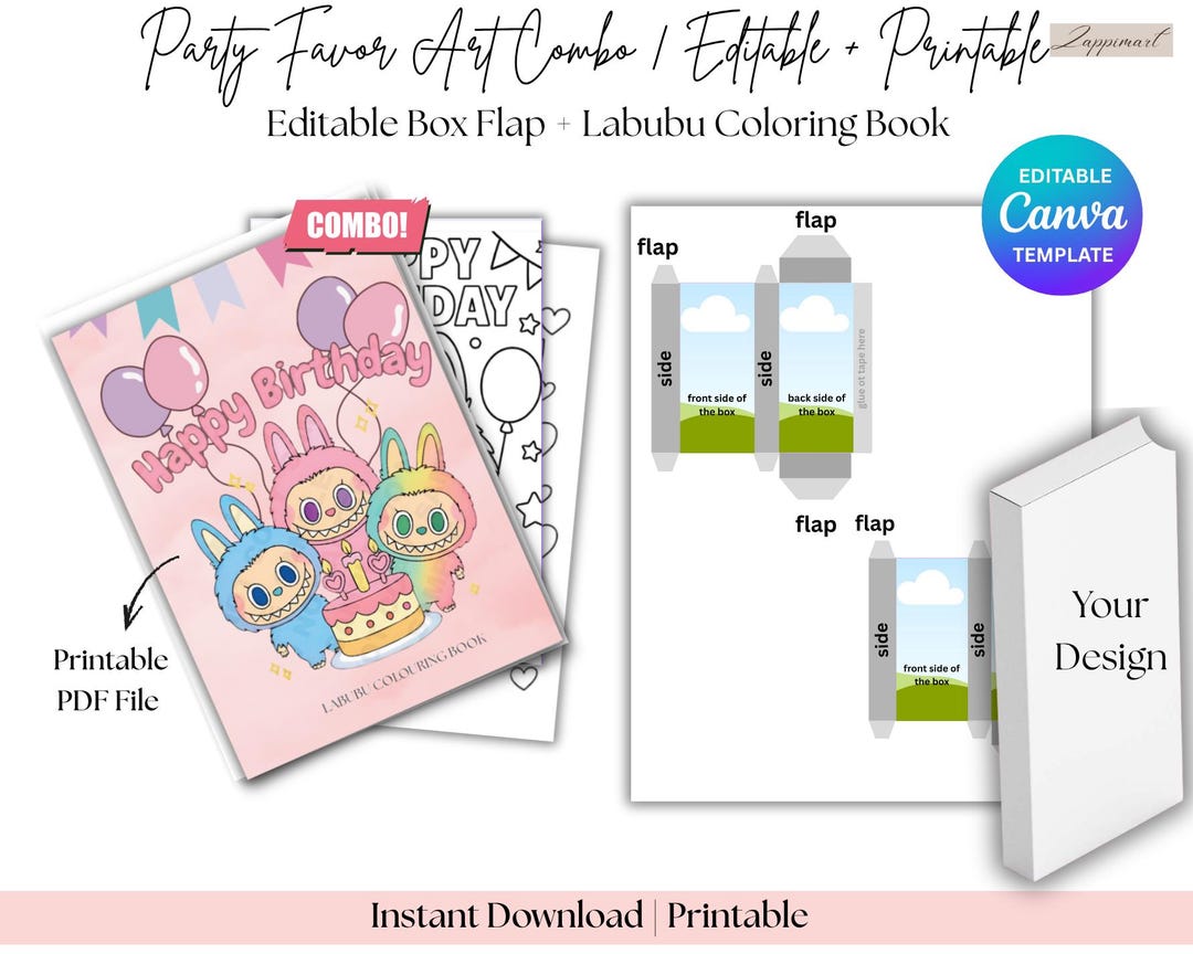 Labubu Coloring Book & Editable Party Box Template (printable PDF ...