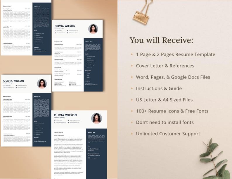 Professional Resume Template: Cover Letter, Modern Design (word & PDF ...