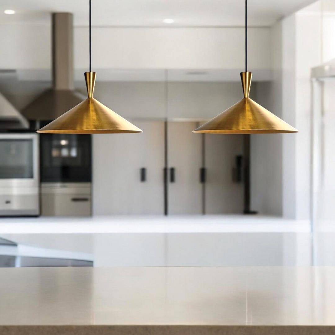 Set of Two Handmade Brass Pendant Lights With Artisanal Surface Texturing - Kitchen Island ...