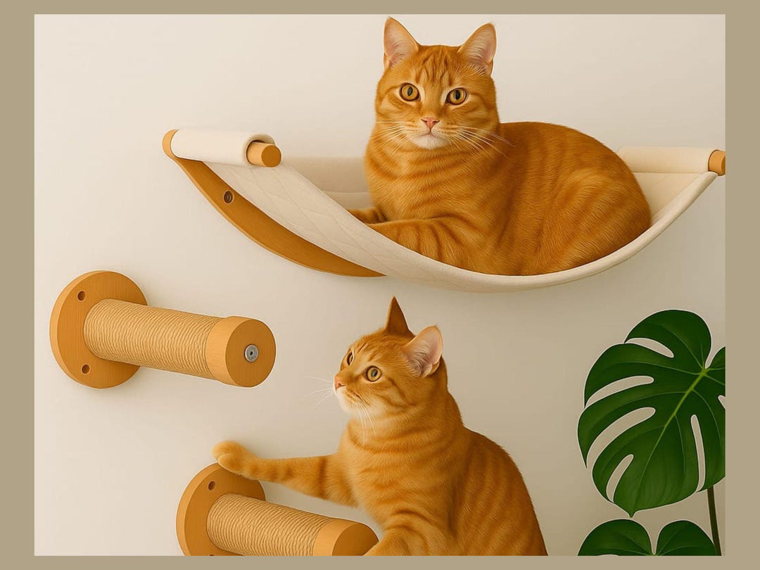 Wooden Cat Hammock Wall Mounted Cat Rack With Two Steps – Wood Cat Bed ...