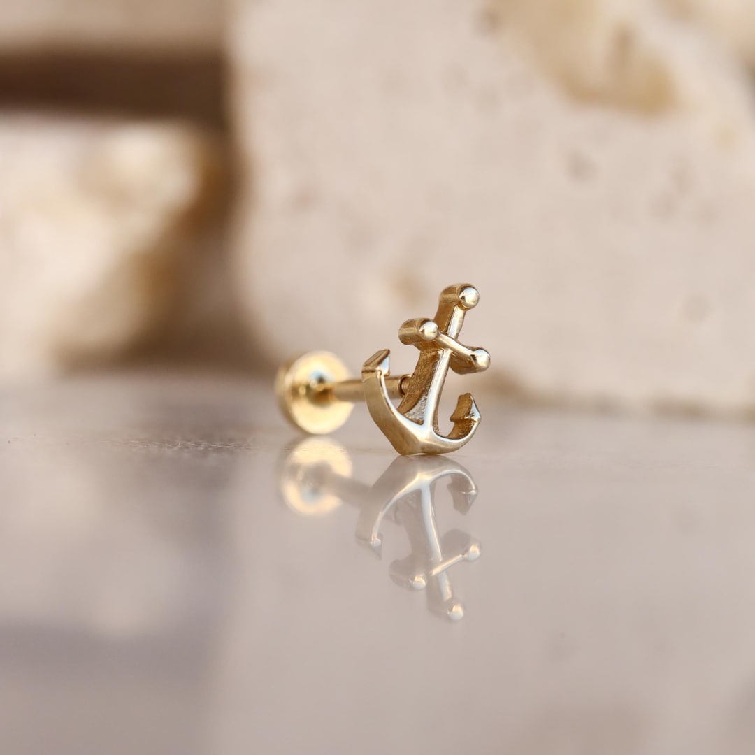 14K Solid Gold Anchor Piercing - Tiny Anchor Stud Earrings - Tragus ...