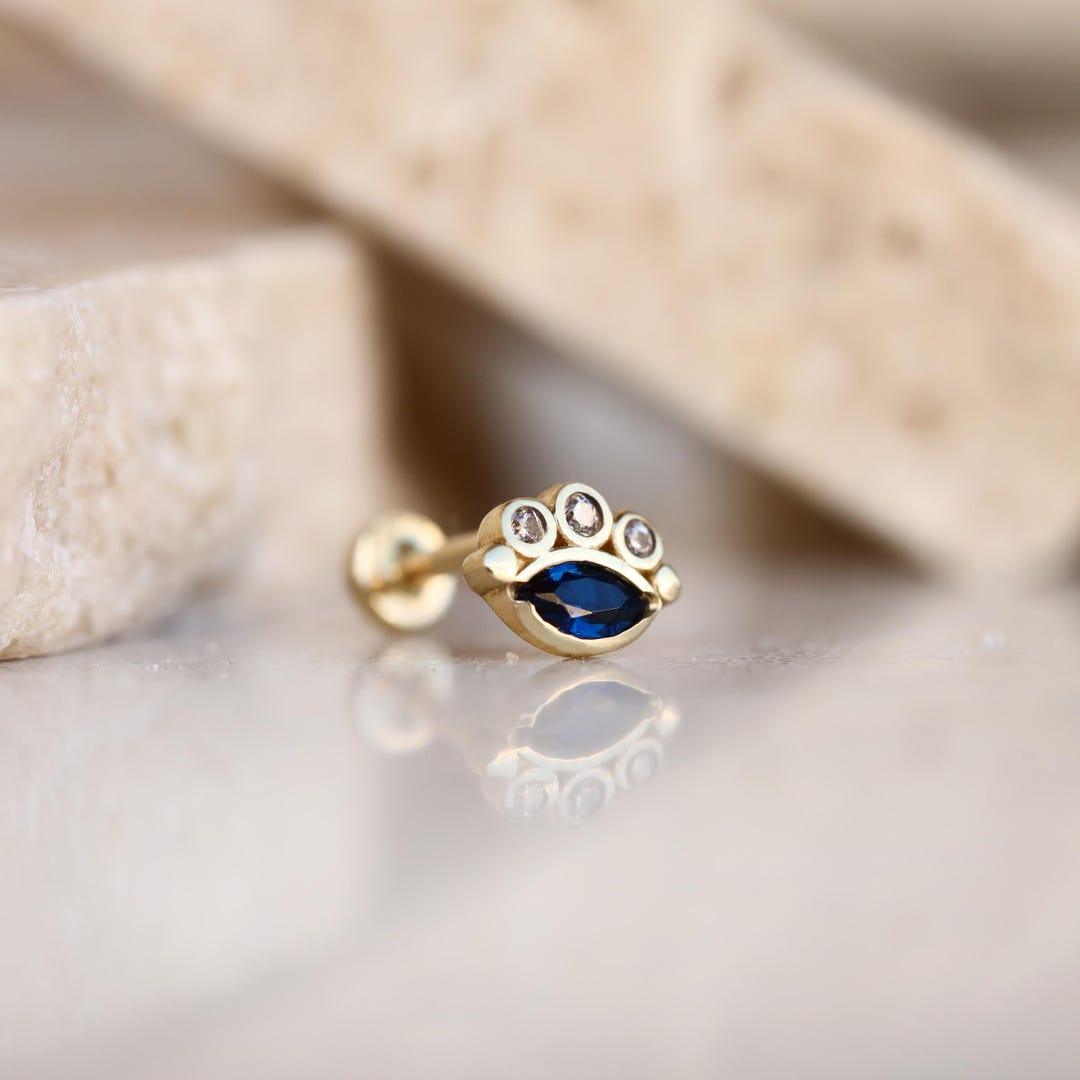 14K Solid Gold Blue Eye Shape Piercing - Flat Back Earrings for Women ...