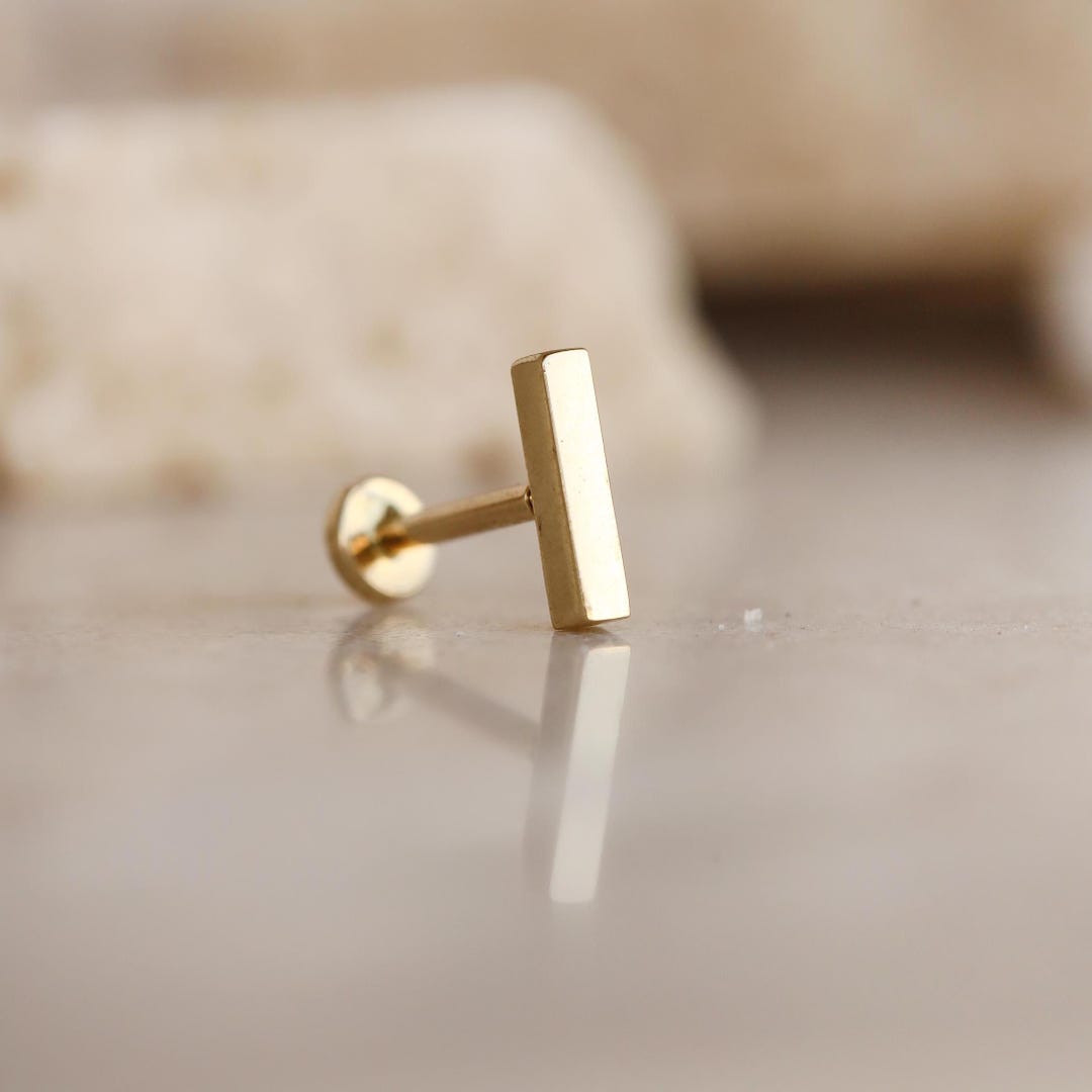 14K Solid Gold Bar Stud Earring - Real Gold Flat Back Piercing - Tiny ...