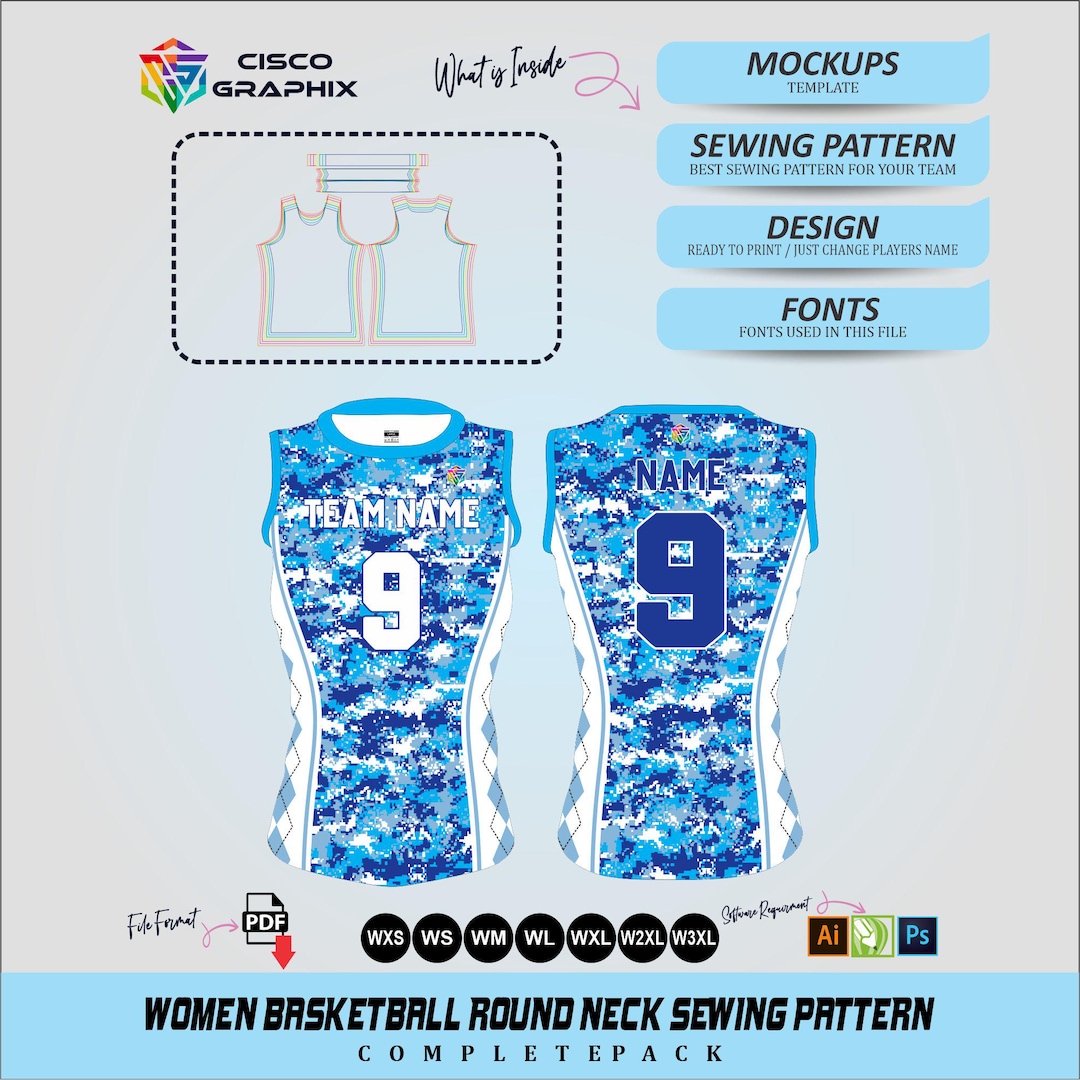 Women Basketball Round Neck Jersey Sewing Pattern PDF | Sleeveless ...