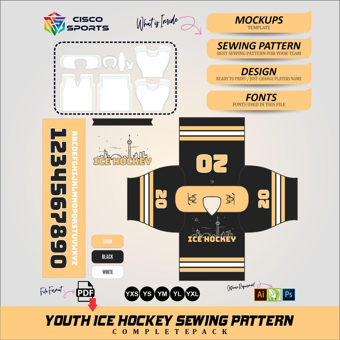 Youth Ice Hockey Jersey Sewing Pattern | Sports Team Uniform Template ...