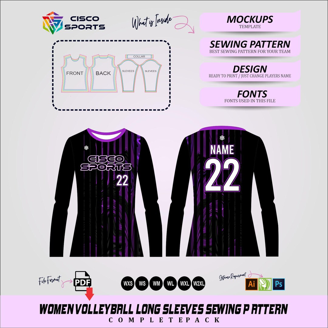 Women’s Volleyball Jersey Sewing Pattern • Long Sleeve PDF Template ...