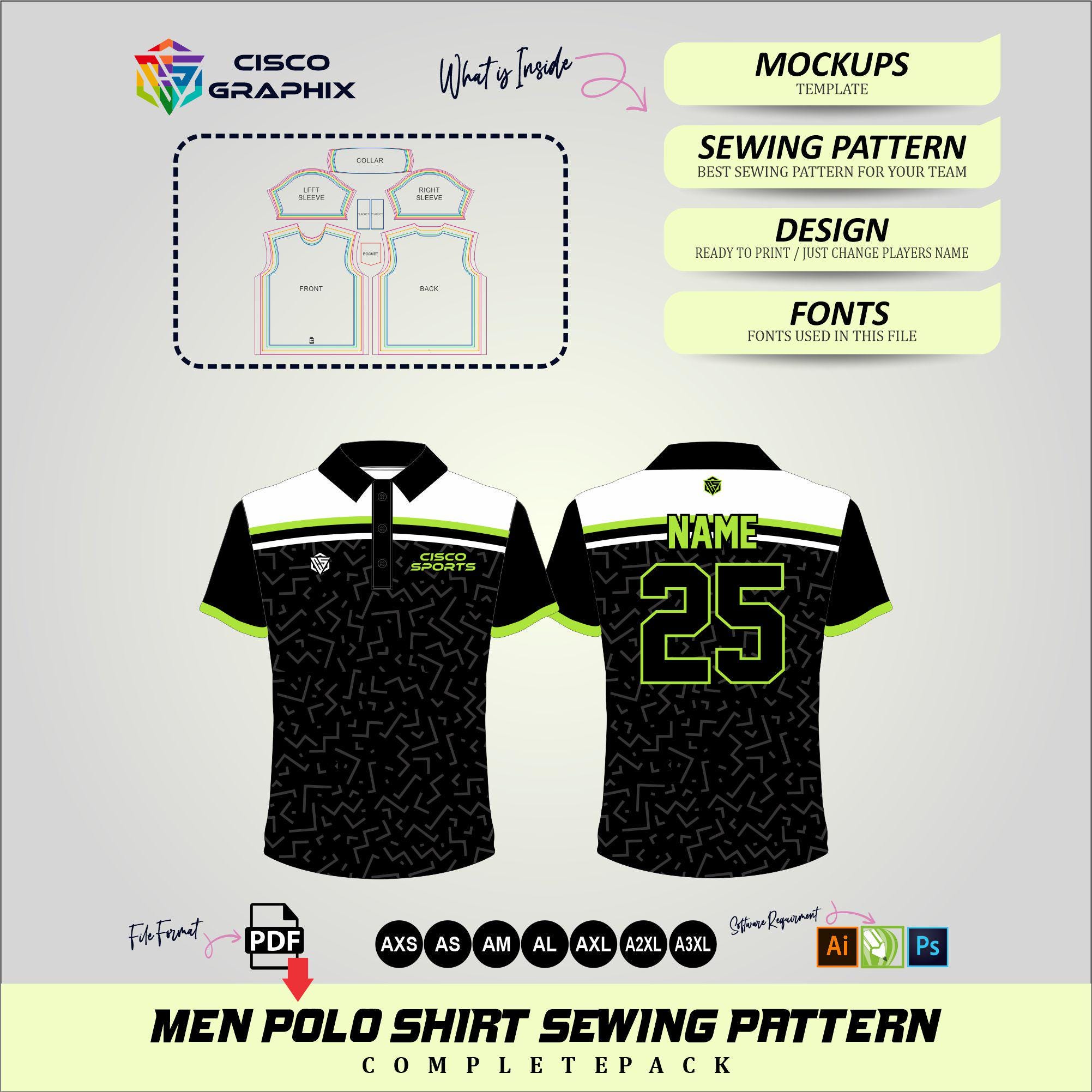 Polo Shirt Sewing Pattern: Sportswear Uniform Design Template (PDF ...