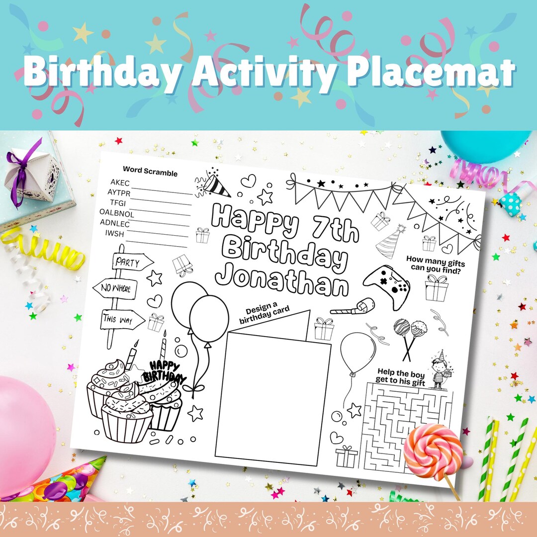Birthday Activity Placemat, Editable Canva Template, Personalized Kids ...