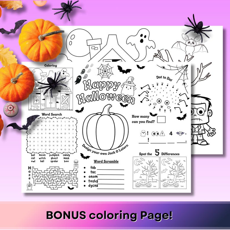 Halloween Activity Placemat | Printable Games & Coloring Pages (PDF) - Etsy