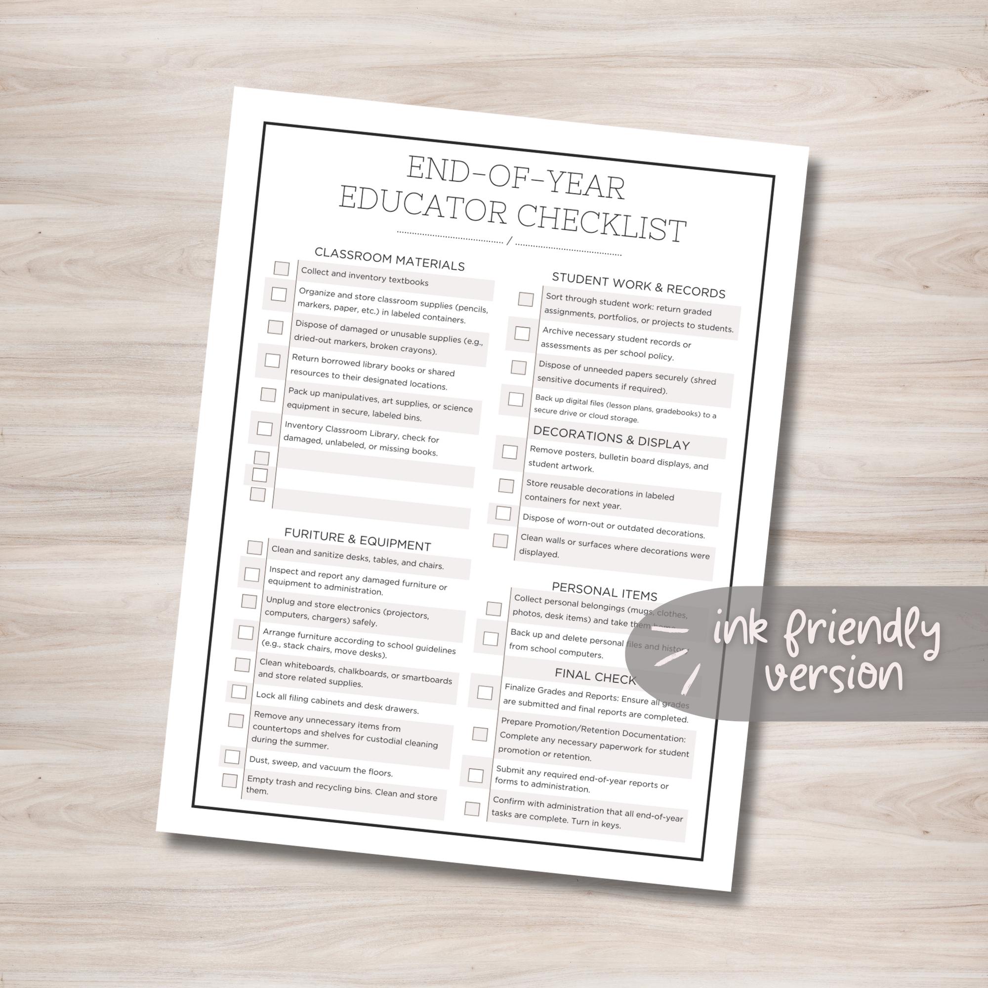 End of Year Teacher Checklist, Printable EOY Classroom Cleaning ...