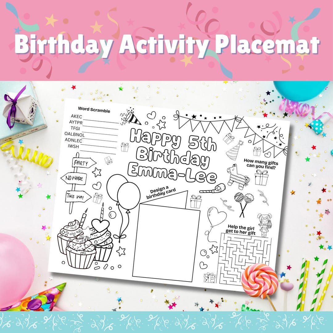 Birthday Activity Placemat, Editable Canva Template, Personalized Kids ...
