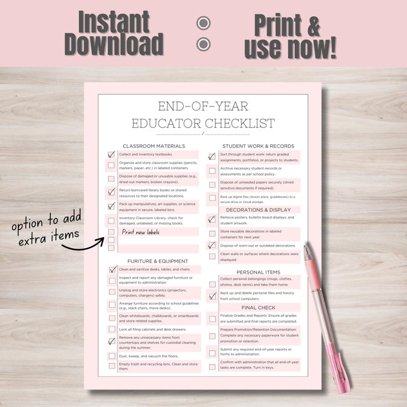 End of Year Teacher Checklist, Printable EOY Classroom Cleaning Schedule, Teacher Closeout ...