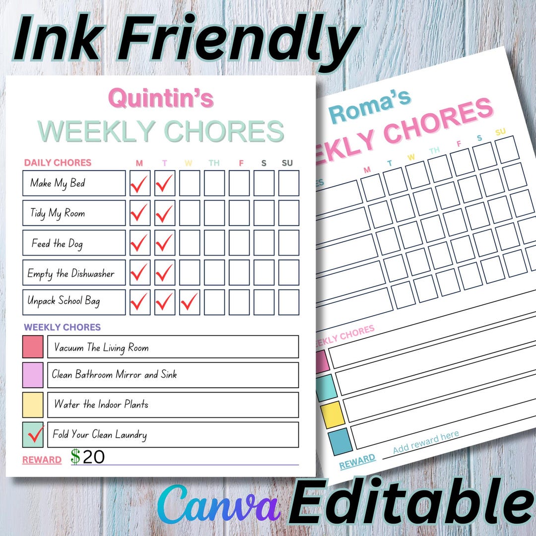 Printable Kids Chore Chart, Teen Reward Chart, Daily Weekly Chores ...