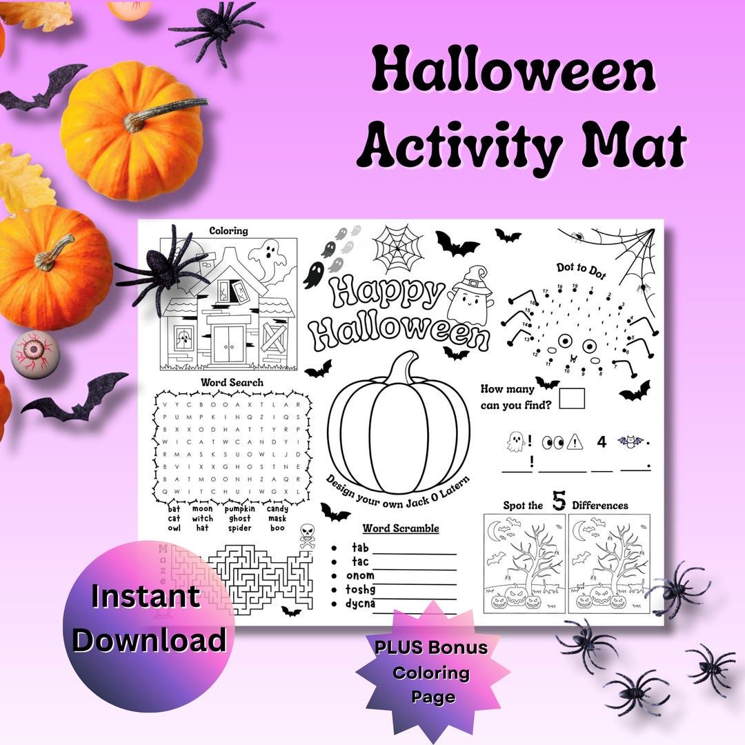 Halloween Activity Placemat | Printable Games & Coloring Pages (PDF) - Etsy