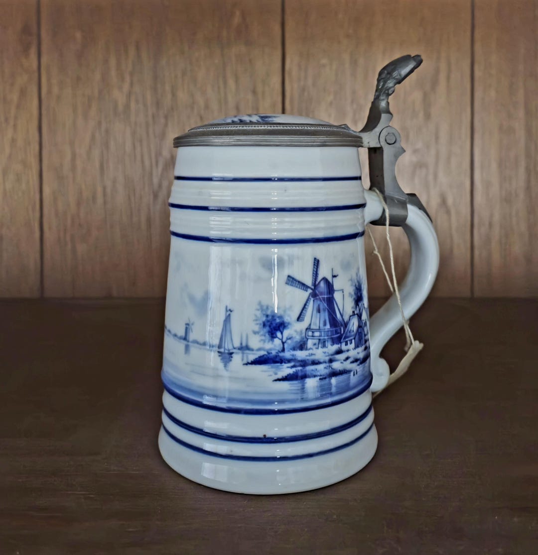 Swaine & Co. Delft Germany Blue Dutch Windmill Lithophane Beer Stein ...