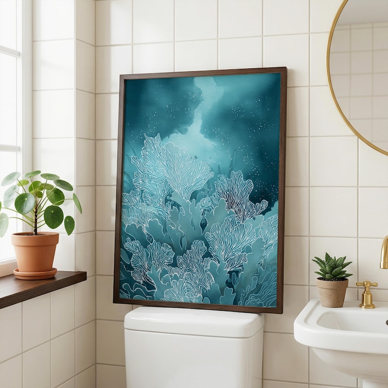 Watercolor Coral Reef Print, Teal Sea Fan Underwater Art, Coastal ...
