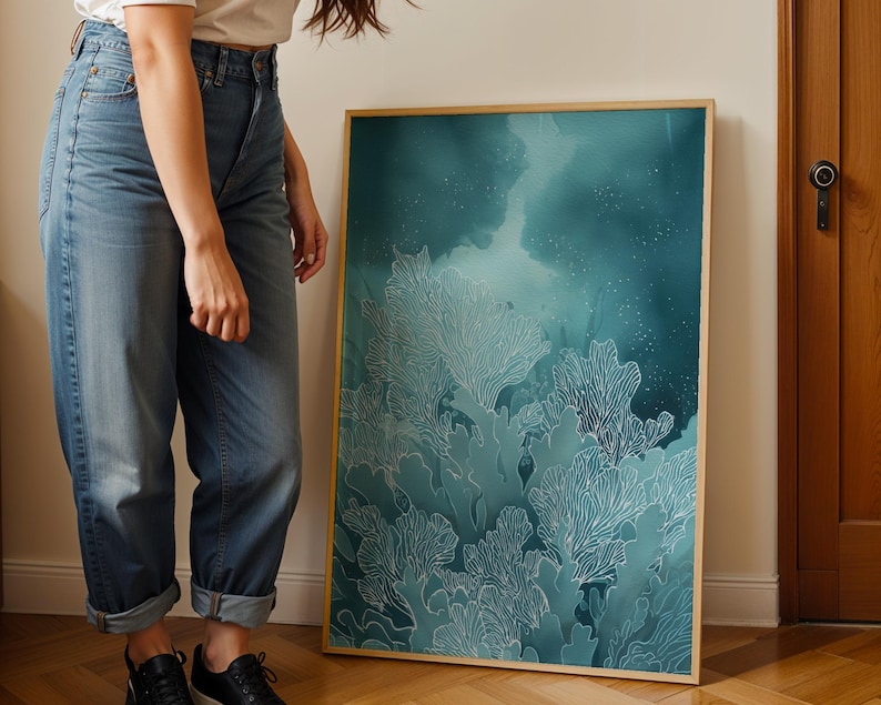 Watercolor Coral Reef Print, Teal Sea Fan Underwater Art, Coastal ...