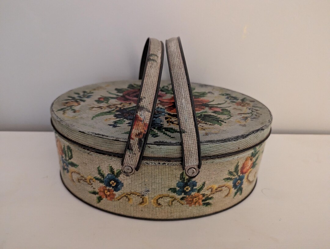 Large Vintage Tin With Floral Needlepoint Design & Side Handles - Etsy