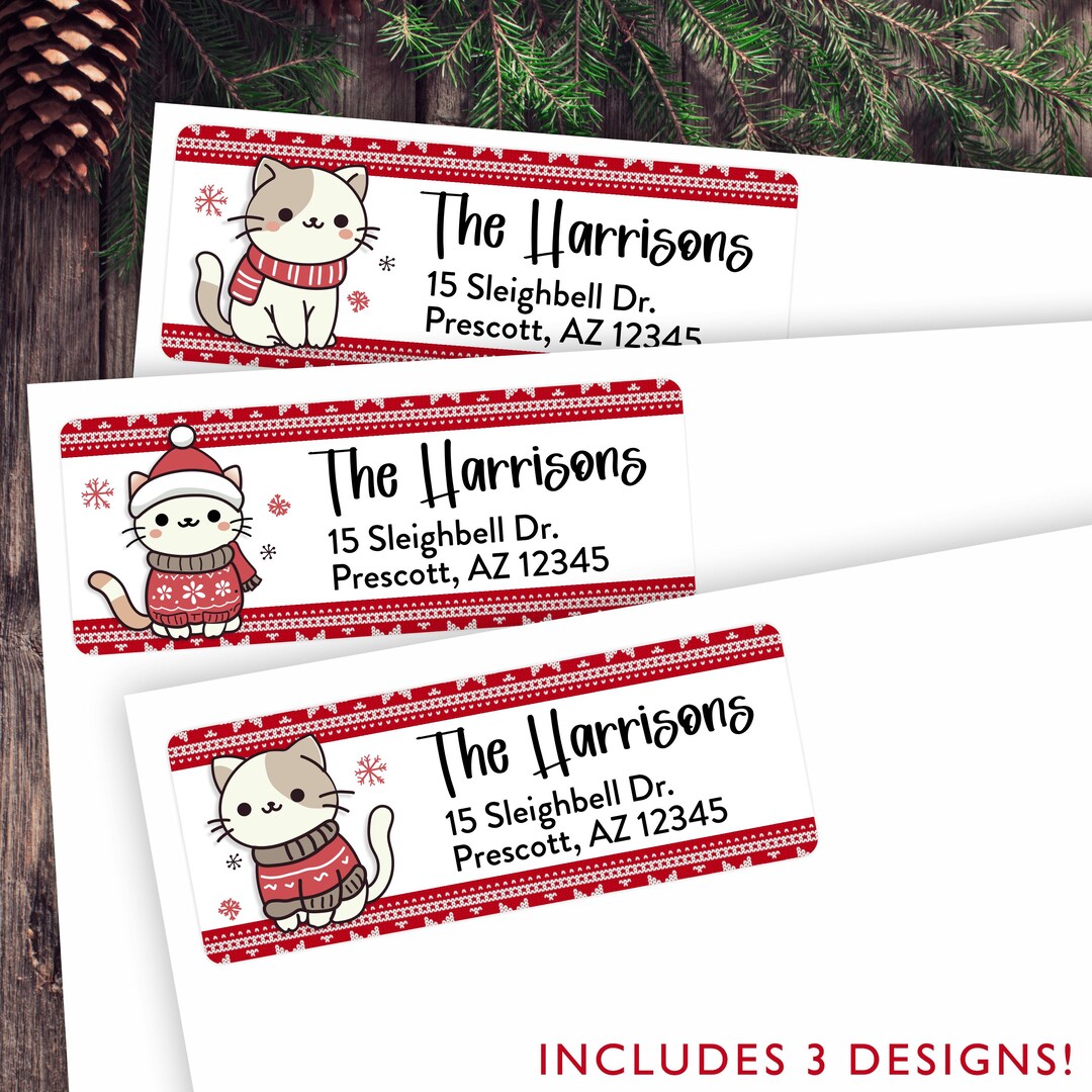 Christmas Cats Winter Address Labels, Holiday Envelope Stickers, Kitten ...