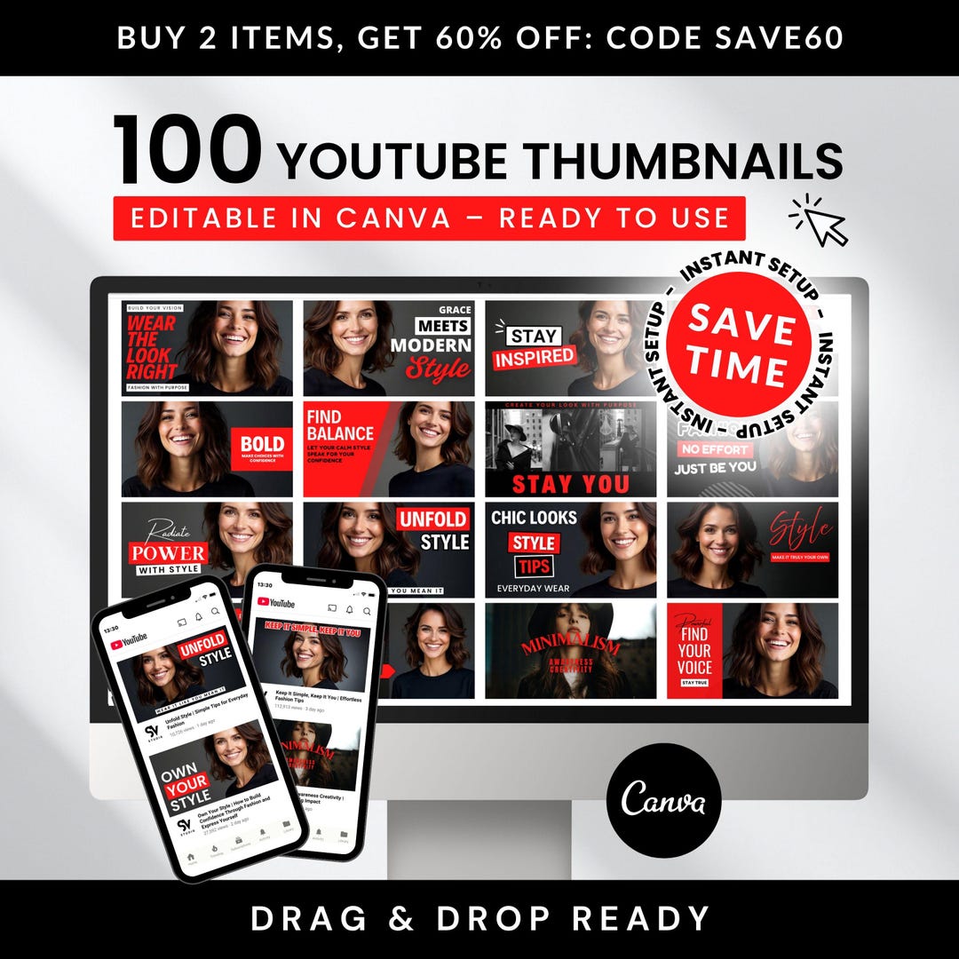 100 Black & Red Youtube Thumbnail Templates (canva, Digital Download ...