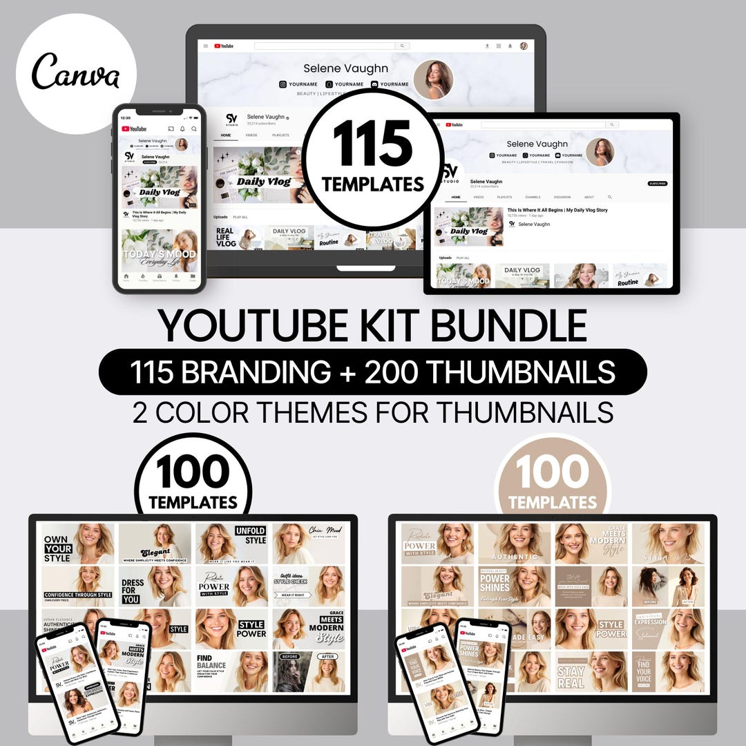Youtube Kit Bundle | 115 Branding Kit + 200 Thumbnails (editable in ...