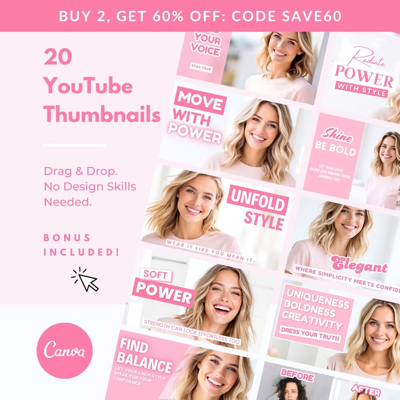 20 Youtube Thumbnail Templates: Pink Fashion Branding Kit (digital ...