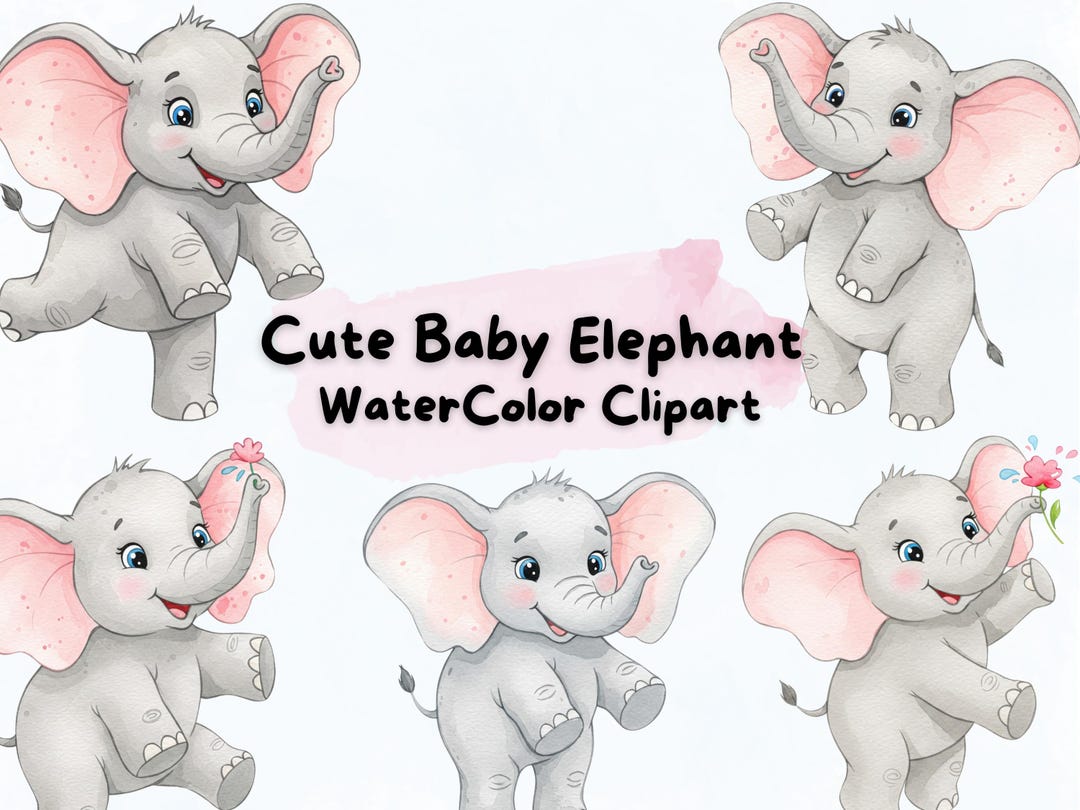 Cute Baby Elephant Watercolor Clipart - Baby Elephants Illustration ...