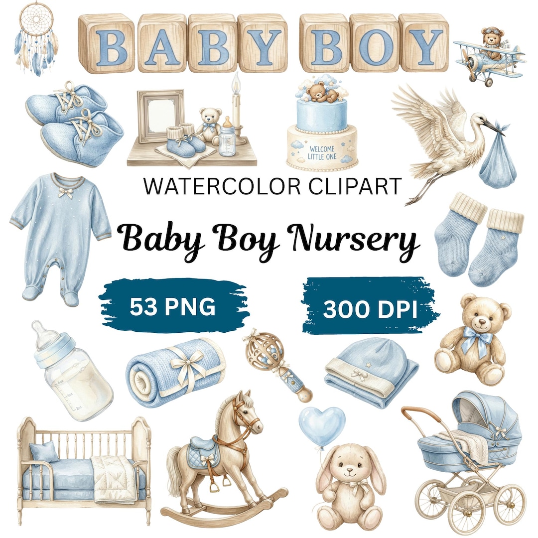 Baby Boy Clipart PNG | Watercolor Nursery Clipart, Baby Shower Clipart ...