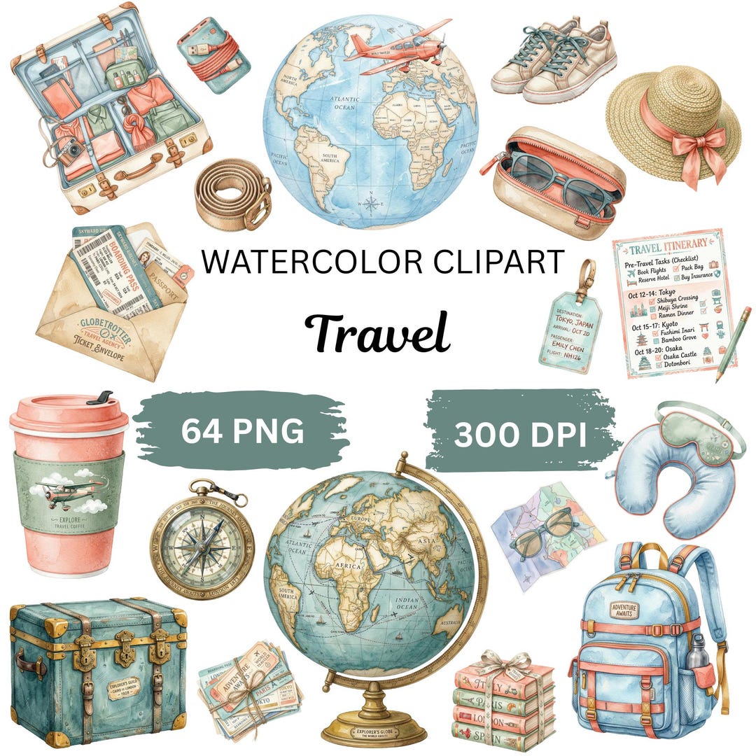 Travel Watercolor Clipart Bundle | Adventure PNG, Vacation Graphics ...