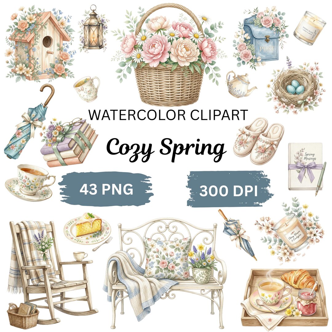 Cozy Spring Watercolor Clipart Bundle | Cottagecore PNG, Floral ...