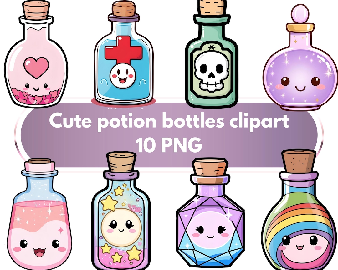 Kawaii Fantasy Potions & Bottles Clipart Set - Cute Magical Potion ...