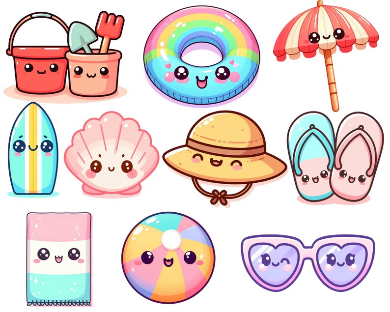 Kawaii Beach Clipart Bundle – 10 Cute Summer Pngs With Faces – Pastel ...