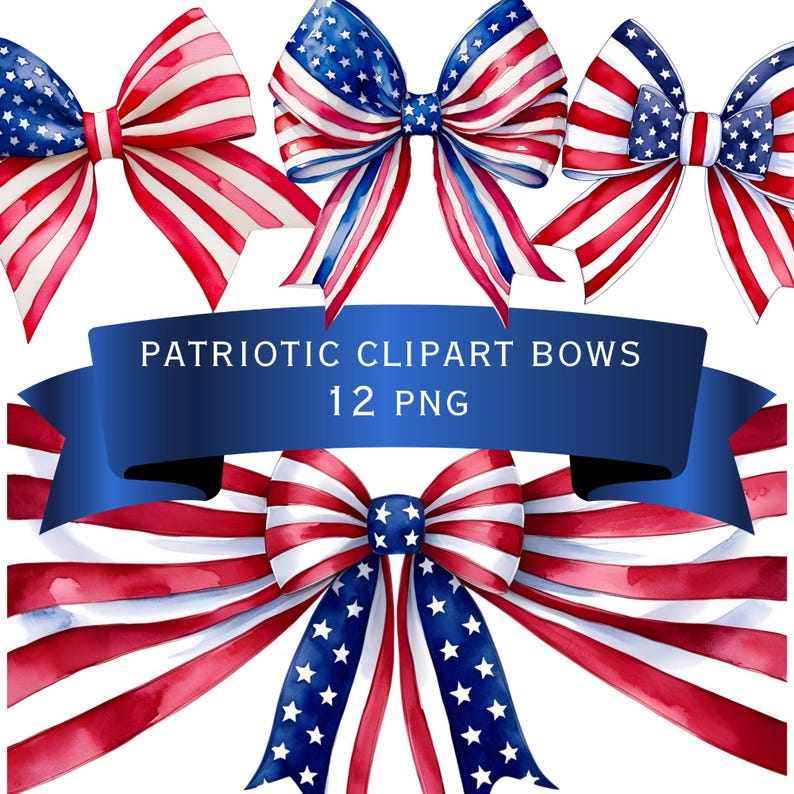Patriotic Bow Clipart Bundle – 4th of July Graphics, Watercolour Style ...