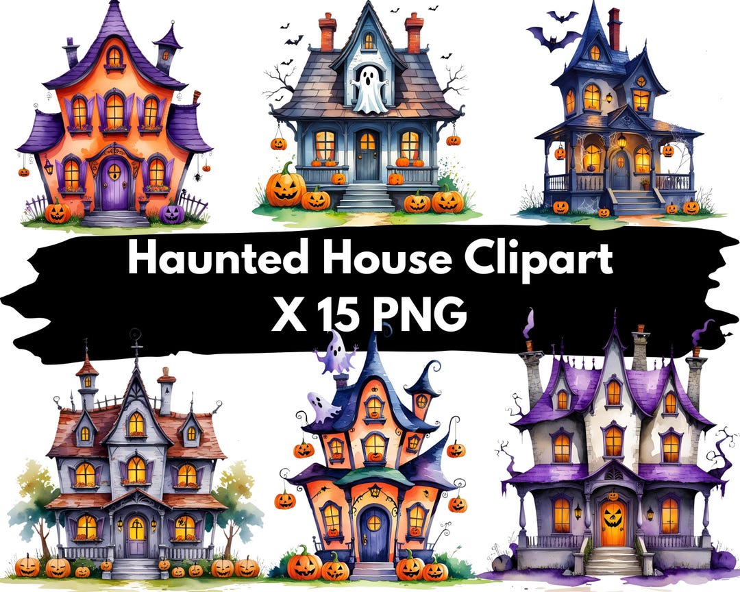 Watercolor Haunted House Clipart Set, Spooky Halloween Houses PNG ...
