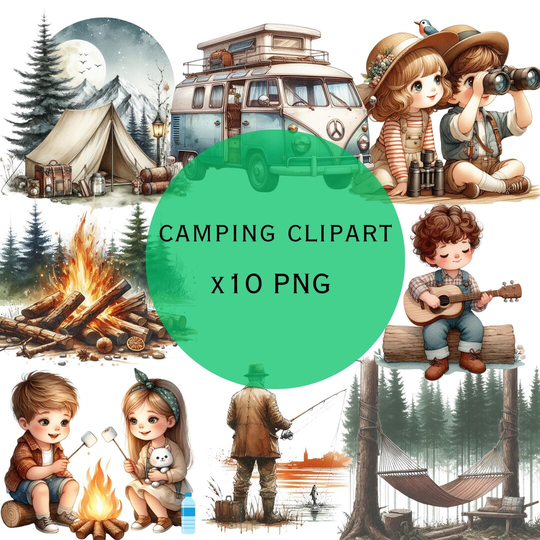 Camping Clipart Set, Watercolor & Vintage Style, Campfire, Summer Camp ...