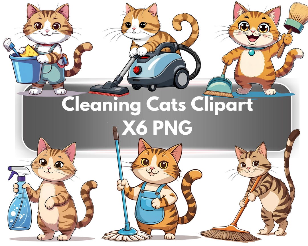Kawaii Cleaning Cats Clipart – Cute Cat Chores Set – 6 PNG Graphics for ...