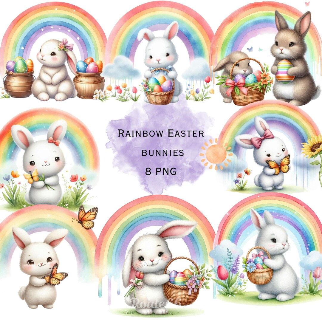 Rainbow Bunny Clipart, Bundle of Eight, Spring Downloads, Watercolour ...