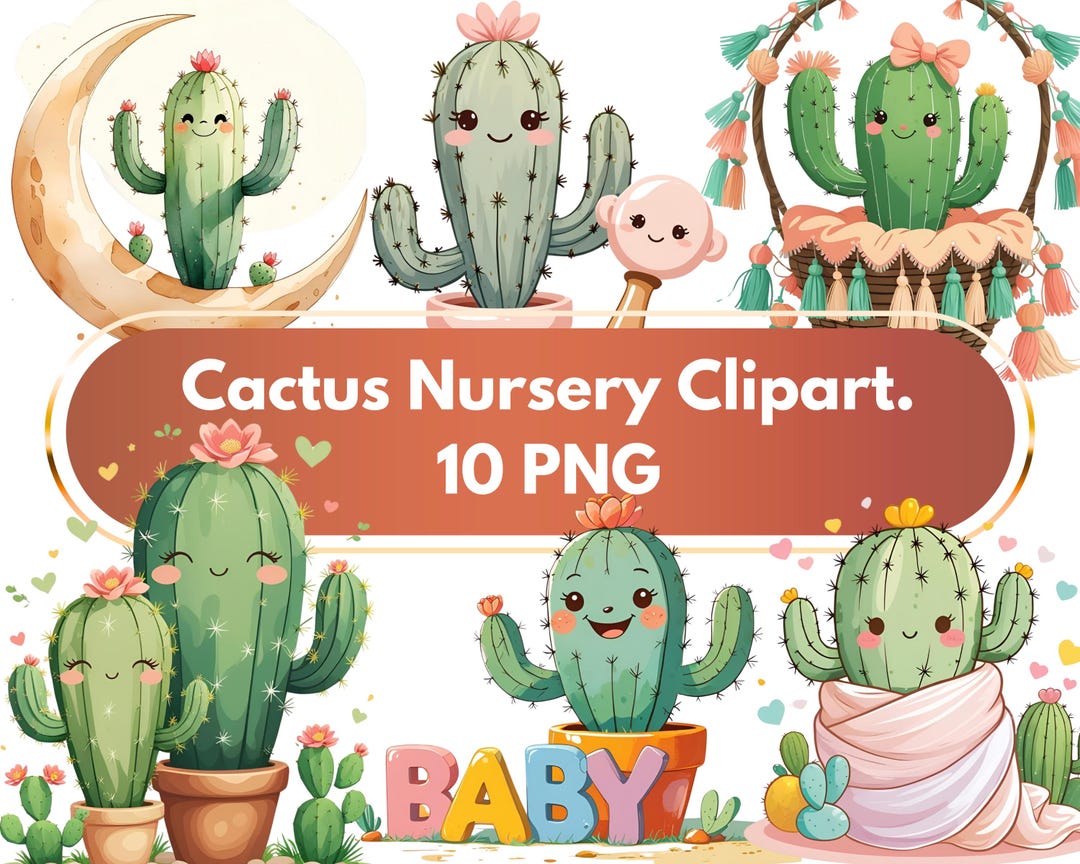 Boho Nursery Cactus Clipart. 10 Soft Dreamy Kawaii Pngs With Rainbows ...