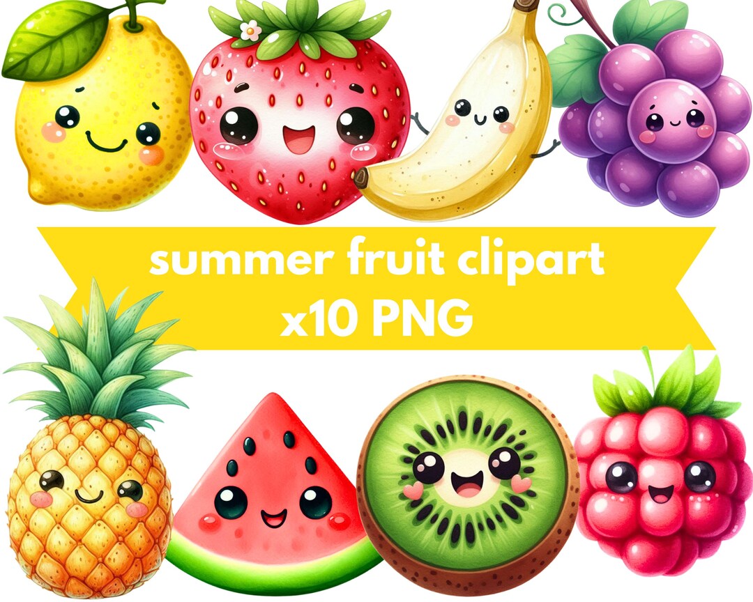 Cute Summer Fruits Clipart | Kawaii Happy Fruit PNG | Watermelon ...